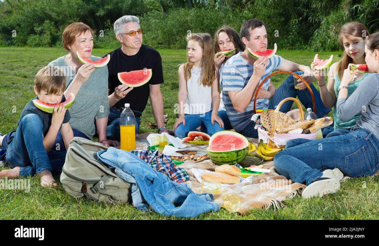 People of different ages sitting and talking on picnic Stock Photo - Alamy