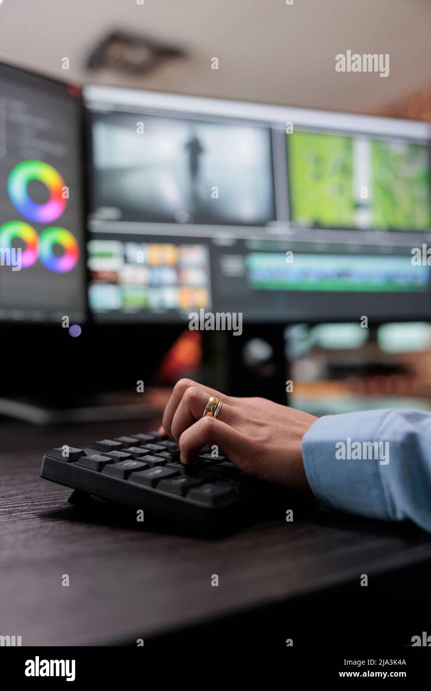 Close up shot of video graphic editor using specialized software to ...