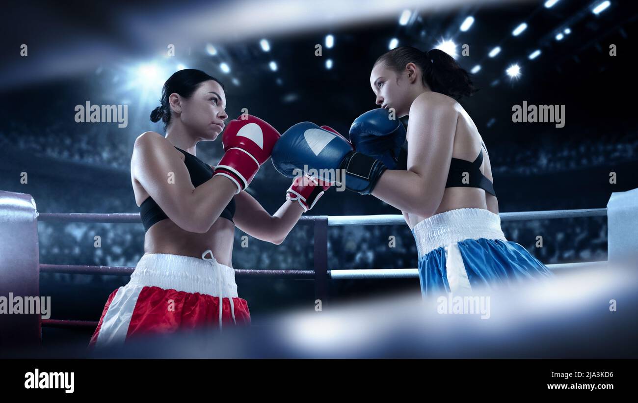Collage With Young Female Professional Boxers In Boxing Gloves In Motion And Action In Drawn