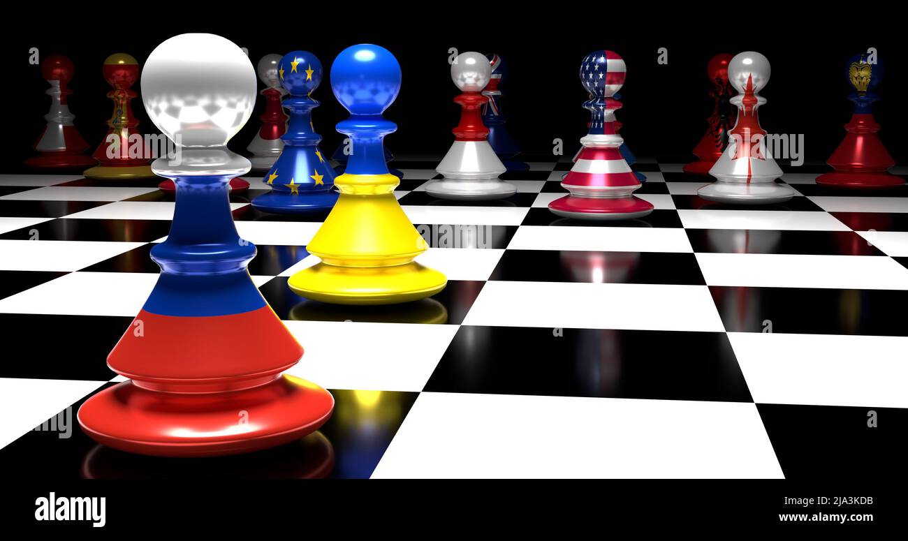 EU, USA and Russian flags with chess pieces symbolizing the conflict ...