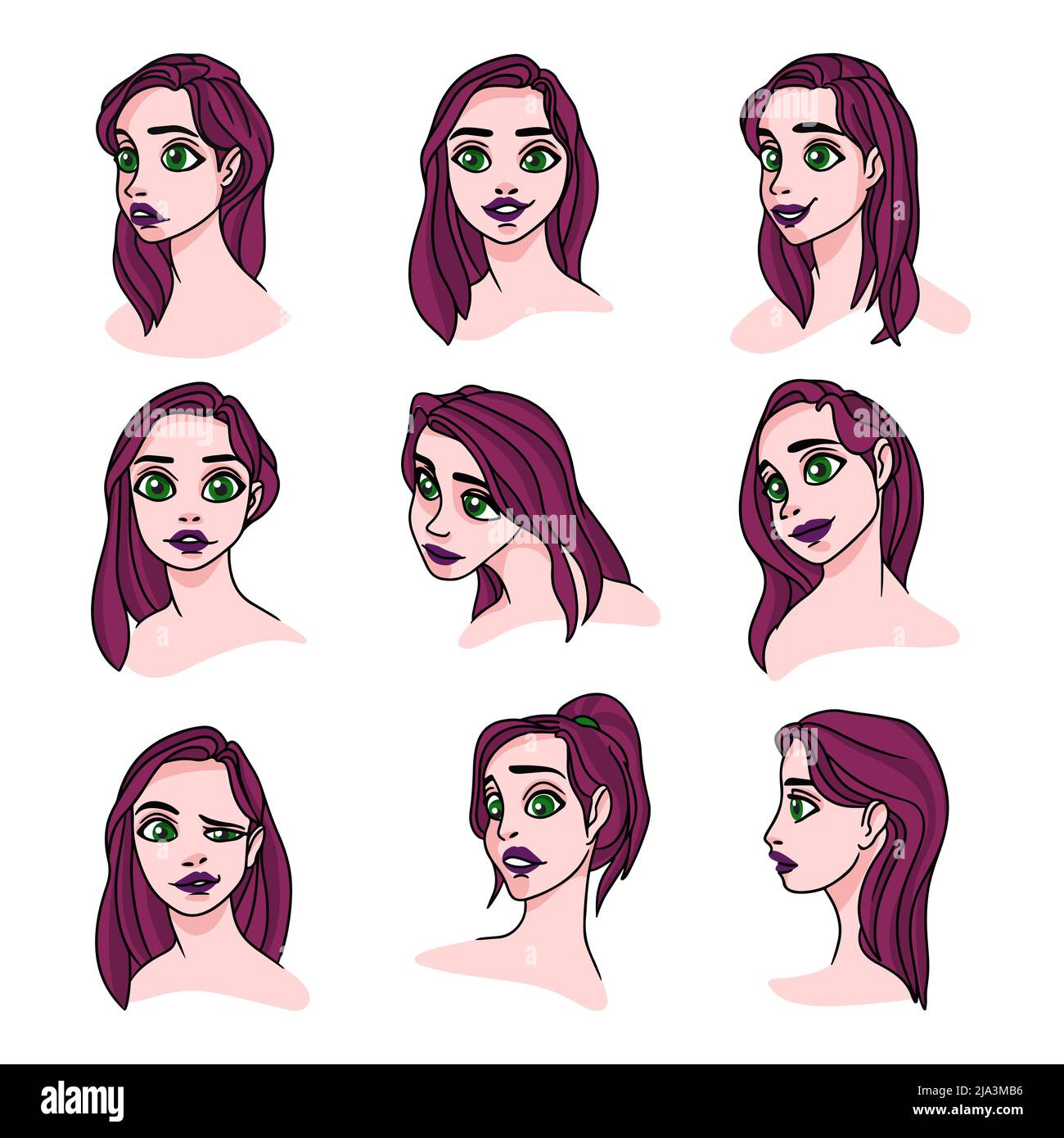 Set of cute girl in different angles of the portrait. Girl with pink ...