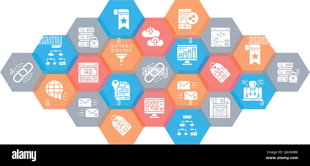 SEO icon set. Bookmark, Hosting, Hyperlink, Advertisement, Data ...