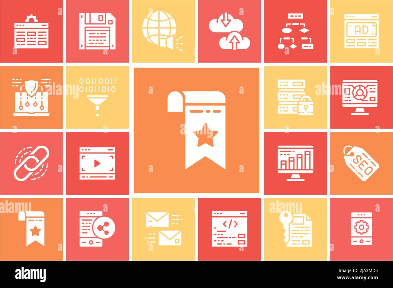 SEO icons set. Bookmark, Hosting, Hyperlink, Advertisement, Data ...