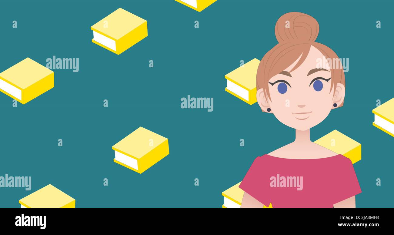 Image of woman talking over book icons Stock Photo - Alamy