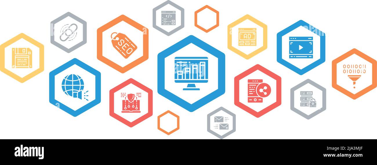 SEO color icon banner design. Bookmark, Hosting, Hyperlink ...