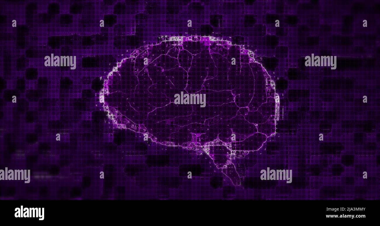 Image of a digital glowing pixelated purple 3d human brain spinning in ...
