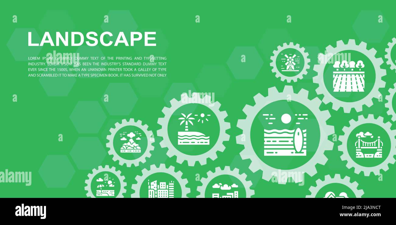 Landscape landing page design template. Bridge, Forest, Garden, Volcano ...