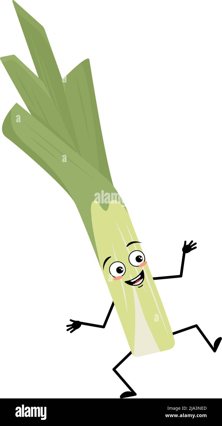 Cute green leek character with joyful emotions, happy face, smile eyes ...