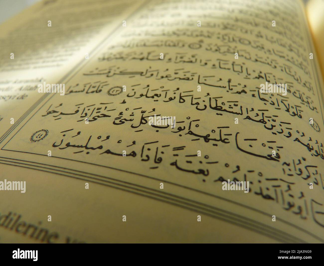 Close up photo of one of the pages of the Koran. The Koran is the holy ...