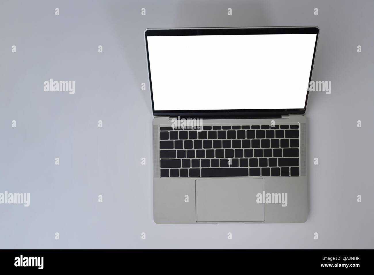 Above view mockup computer laptop with blank screen isolated on white ...