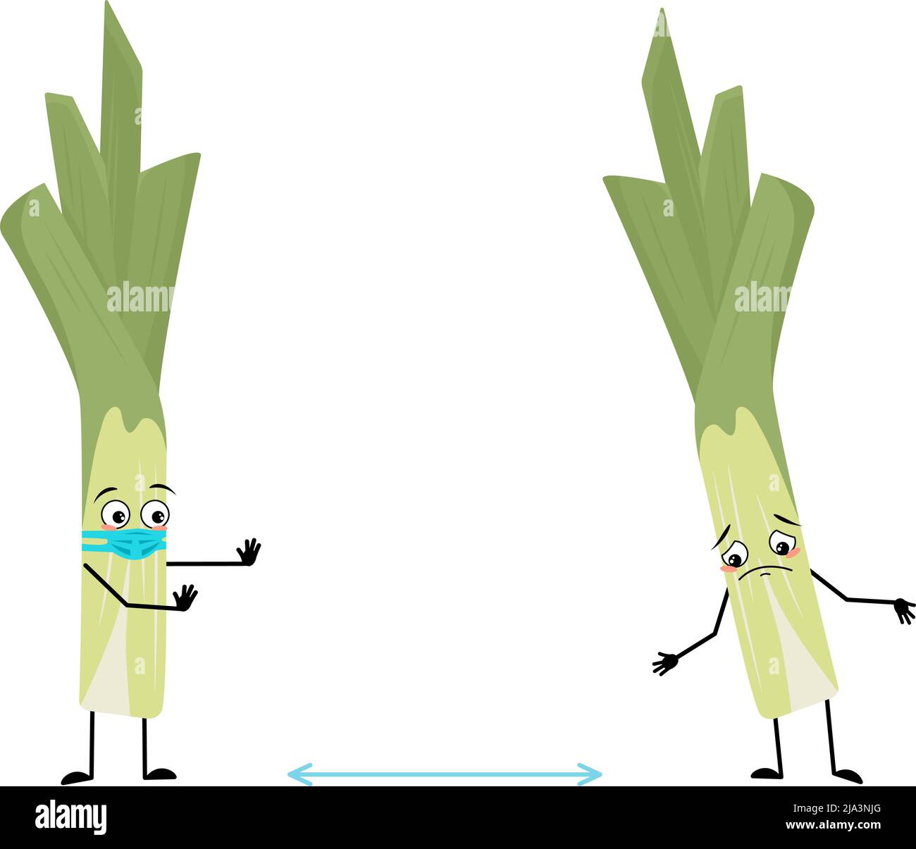 Cute green leek character with face in medical mask keep distance, arms ...