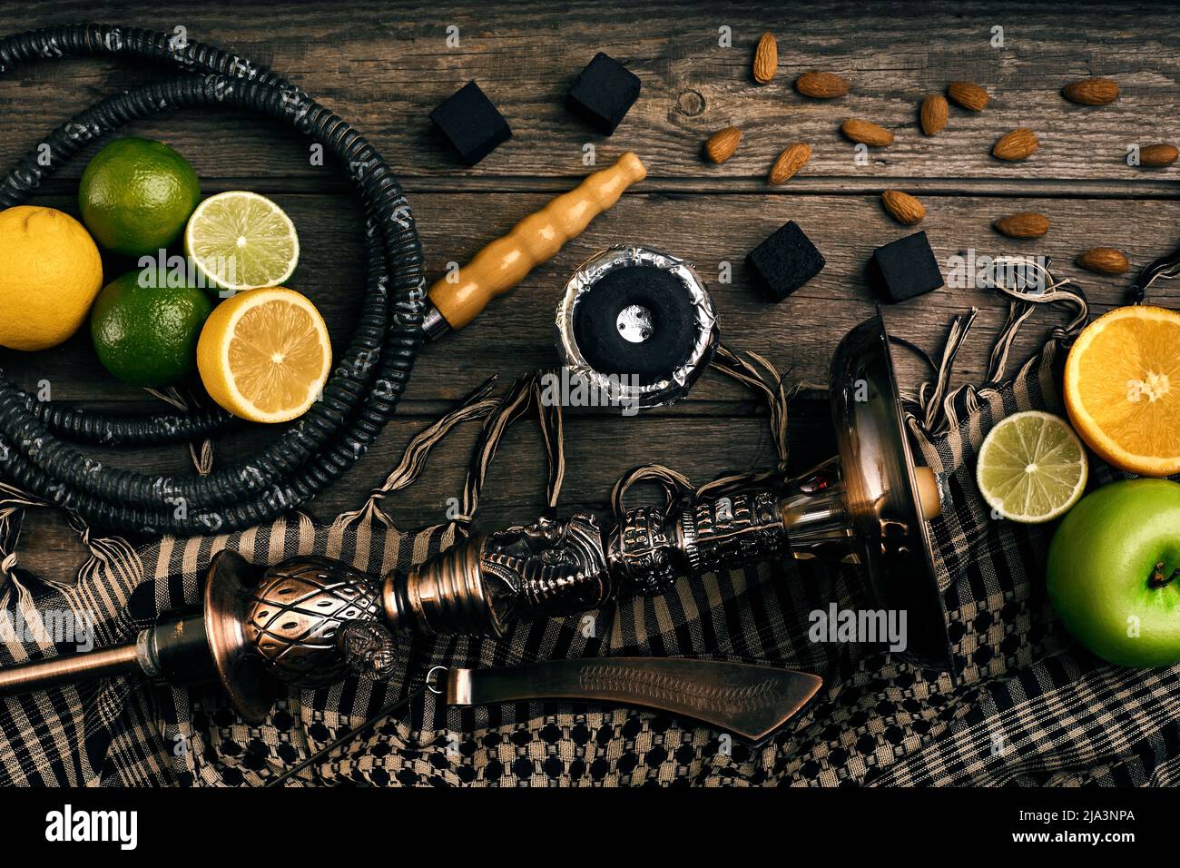 Stylish Smoking hookah and basket with lemon, lime and orange on Stock ...
