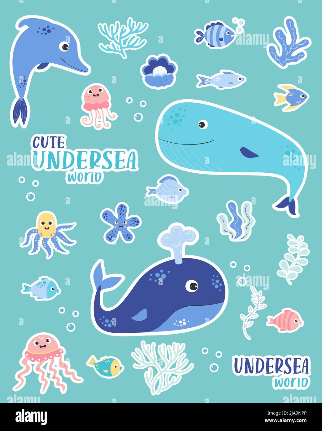 Stickers Cute sea animals, blue whale and dolphin, fish and jellyfish ...