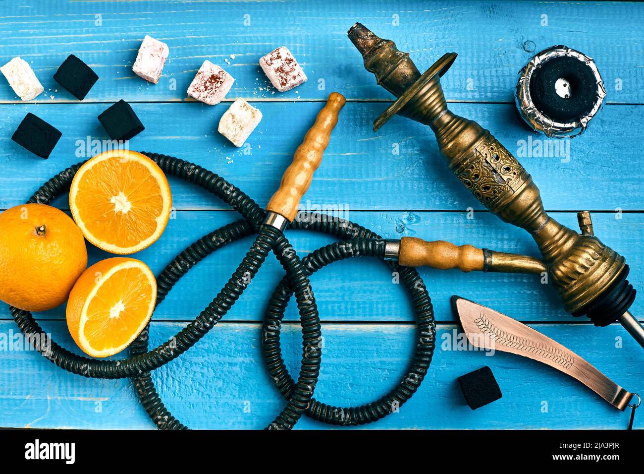 Hookah. Tobacco with orange flavor. Top view Stock Photo - Alamy