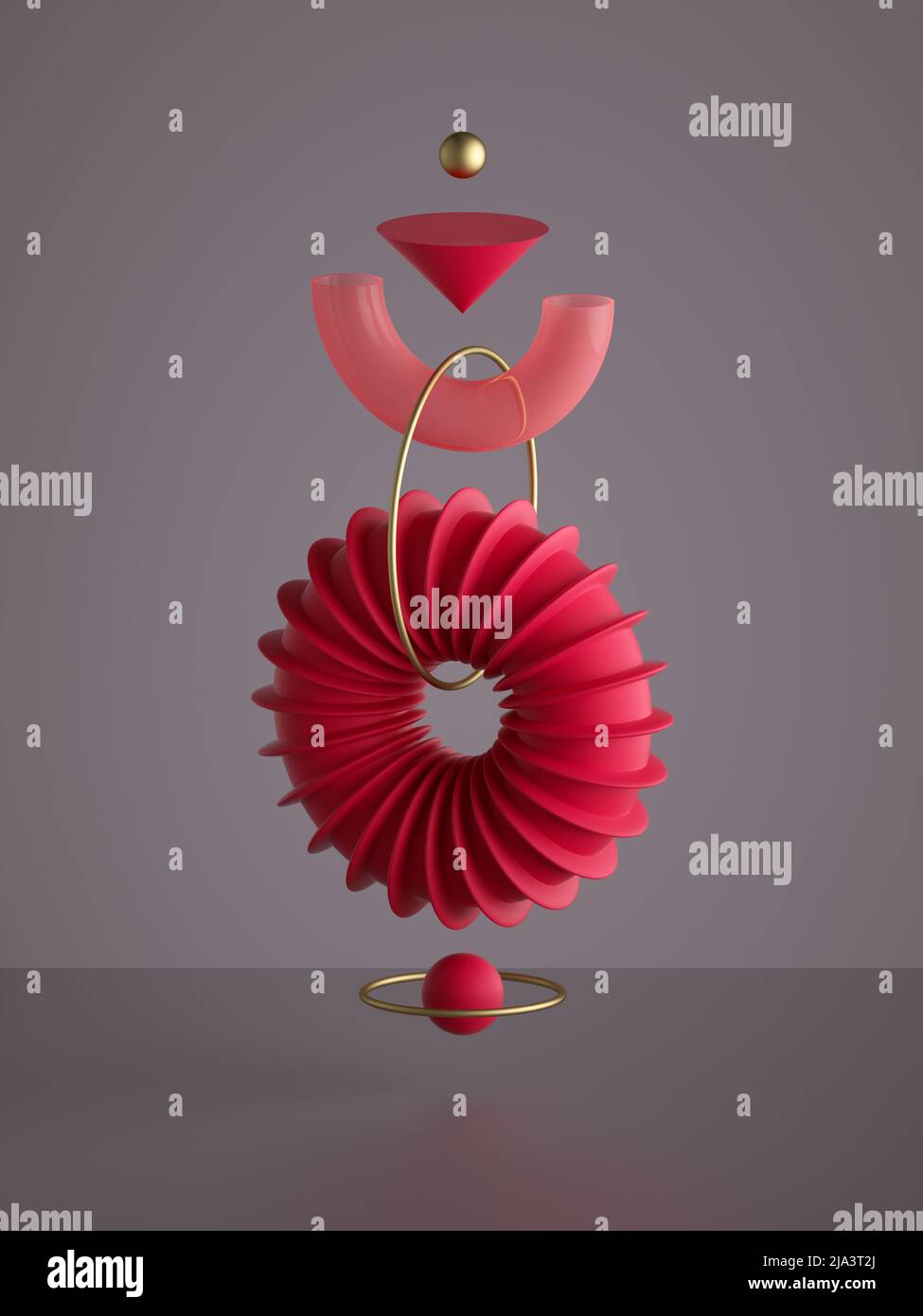 3d render, abstract monochrome red geometric shapes isolated on neutral ...