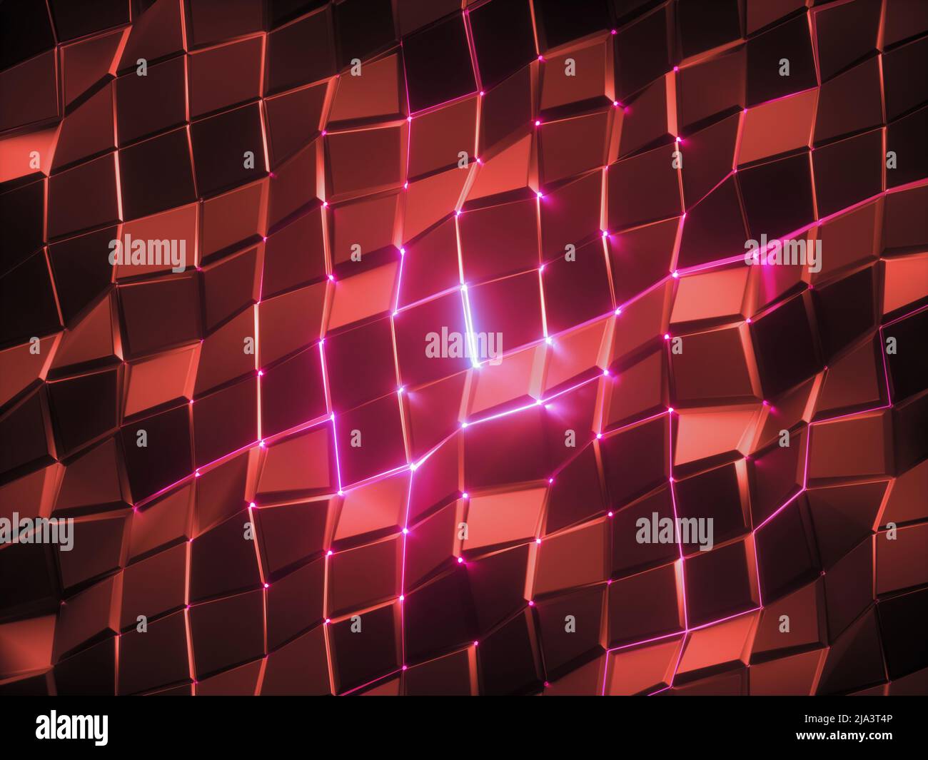 3d render, abstract faceted background, red glowing neon light, square ...