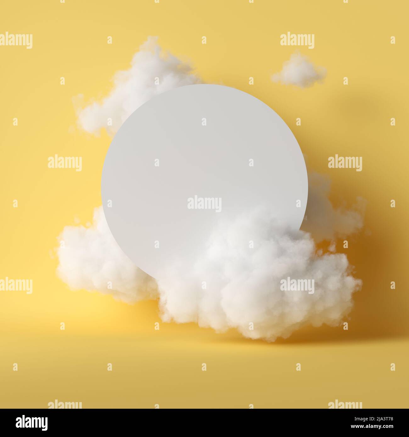 3d render, white fluffy clouds flying around empty round frame. Modern ...