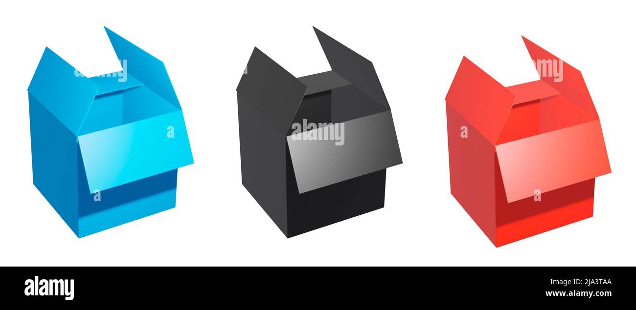 a set of three open color boxes. isolated white background. 3d render ...