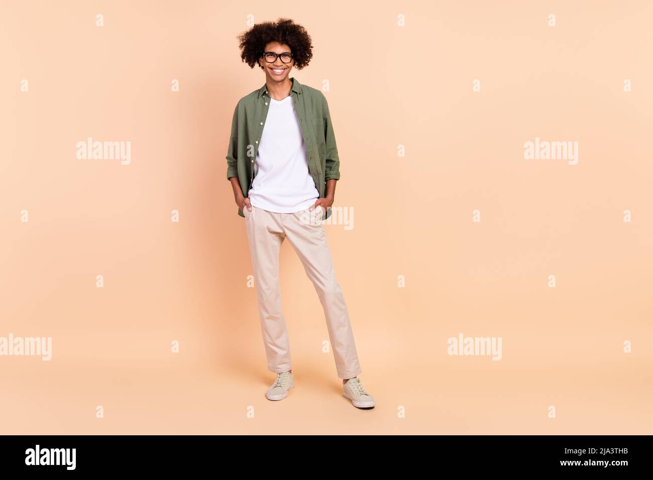 Full length body size view of attractive cheerful intellectual guy ...