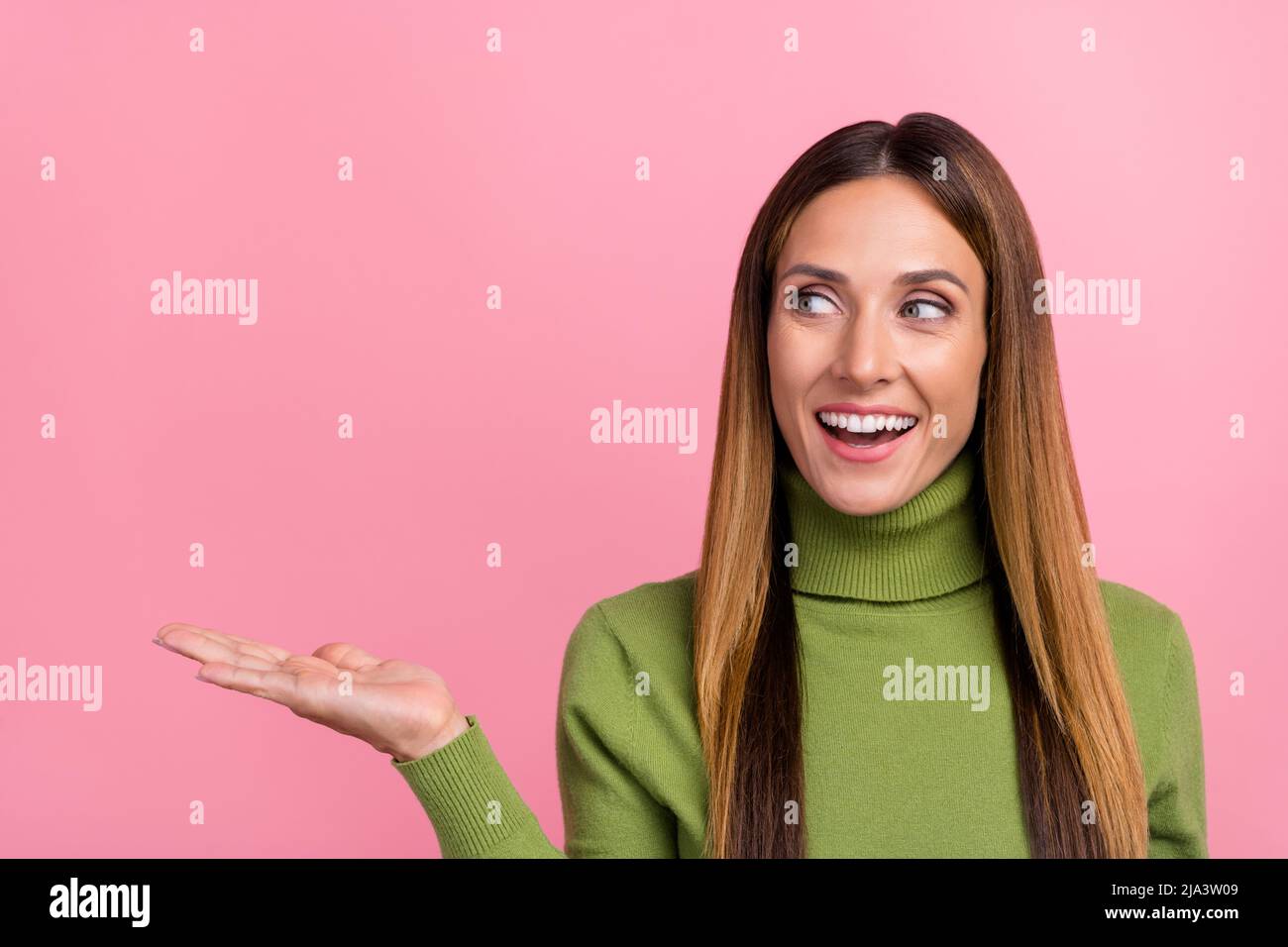 Photo of positive shocked lady hold palm indicate incredible ads ...