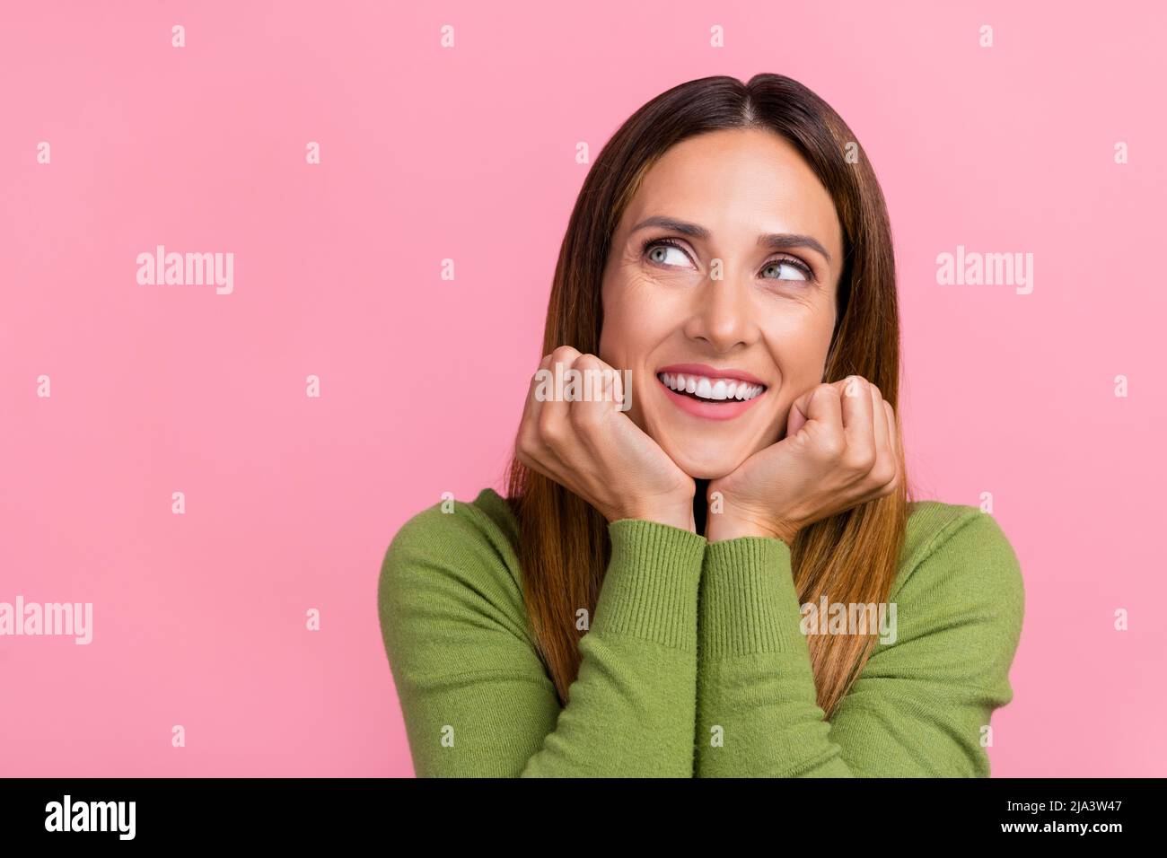 Portrait of inspired lady look empty space imagine hollywood smile ...