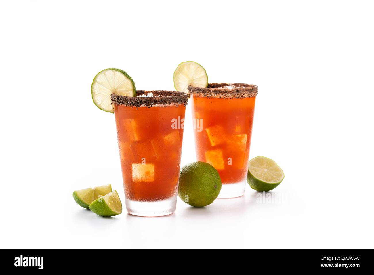 Homemade michelada cocktail with beer, lime juice,hot sauce,salted Rim ...