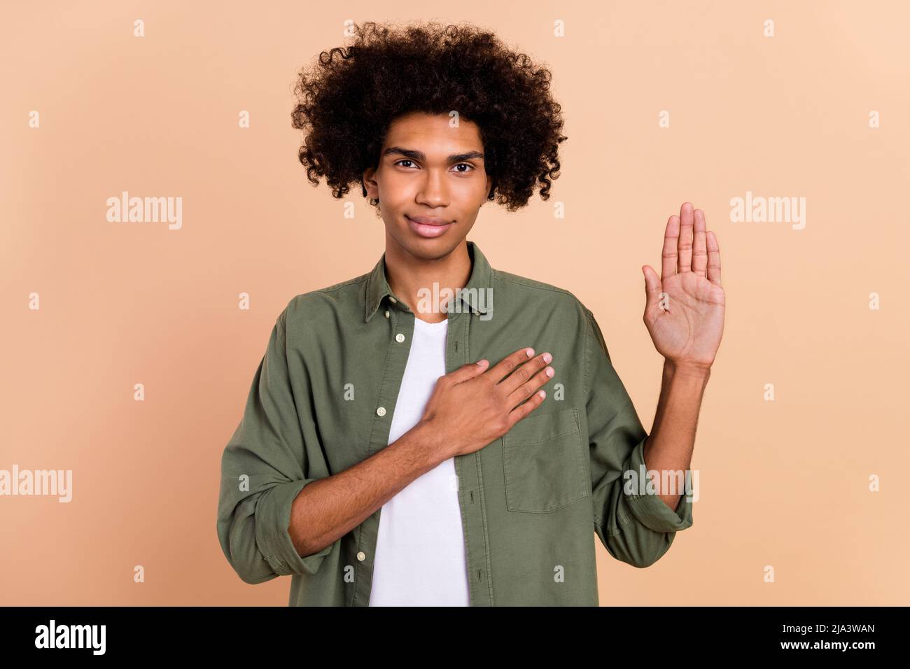 Portrait of attractive sincere wavy-haired guy touching heart promise ...