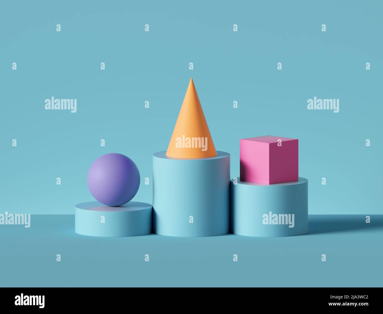 3d render, abstract geometric background. Violet ball, yellow cone ...