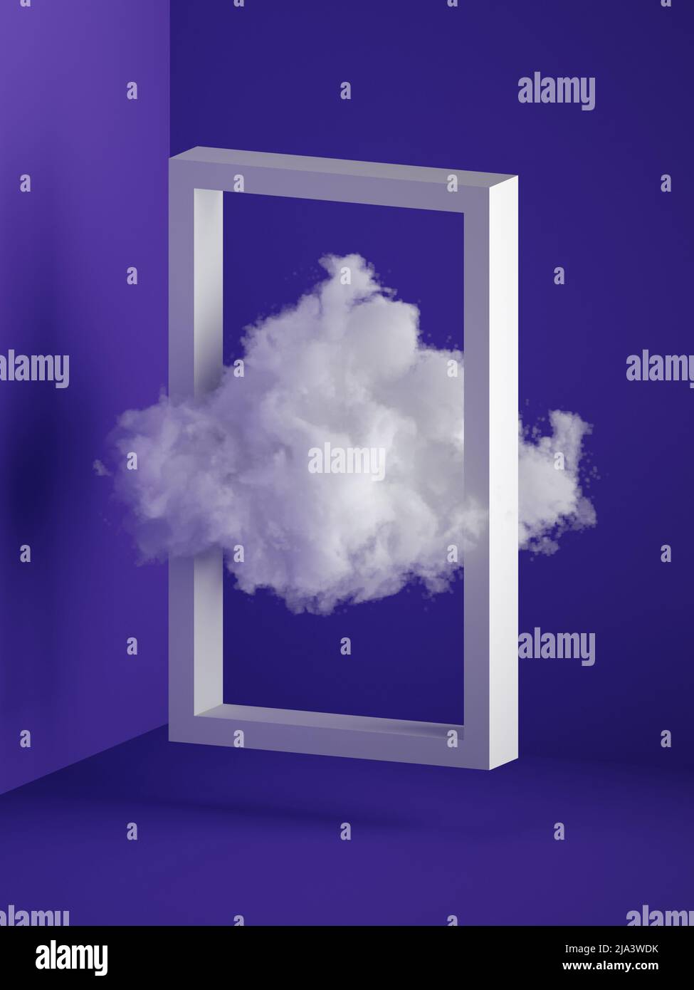 3d render, white fluffy cloud flying through the rectangular frame ...