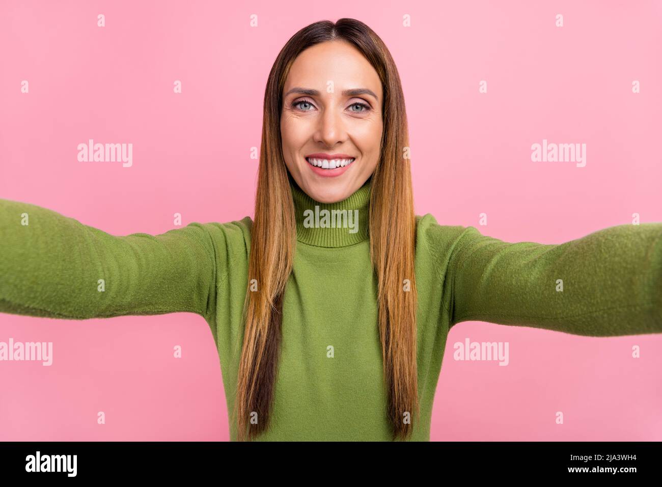 Portrait of cute nice positive lady make selfie picture isolated pastel color background Stock ...