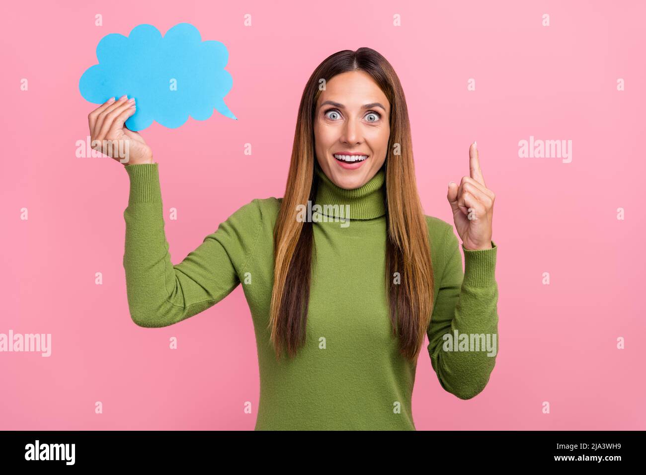 Photo of shocked surprised lady hold paper bubble cloud imagine great ...
