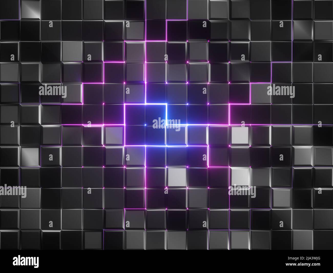 3d render, abstract black metallic faceted background, pink glowing ...