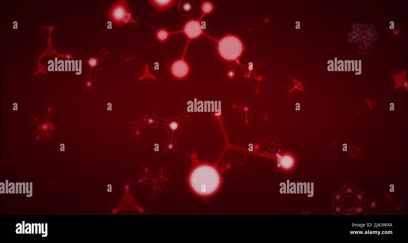 Image of multiple 3d glowing red molecules moving and spinning in ...