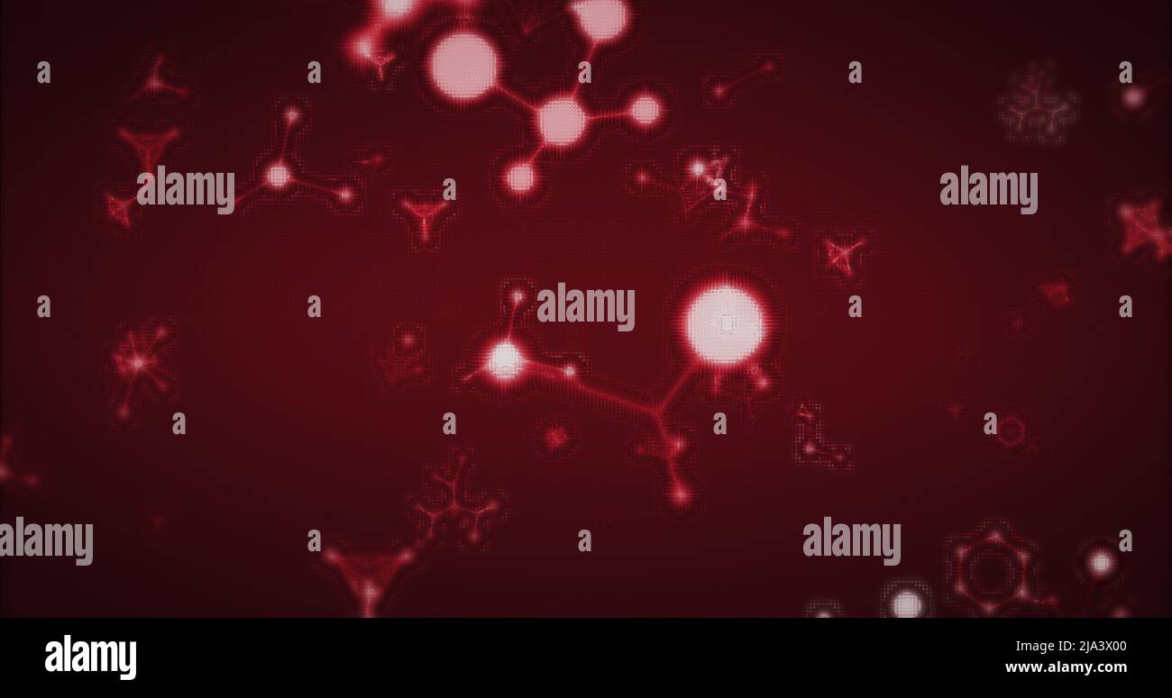 Image of multiple 3d glowing red molecules moving and spinning in ...