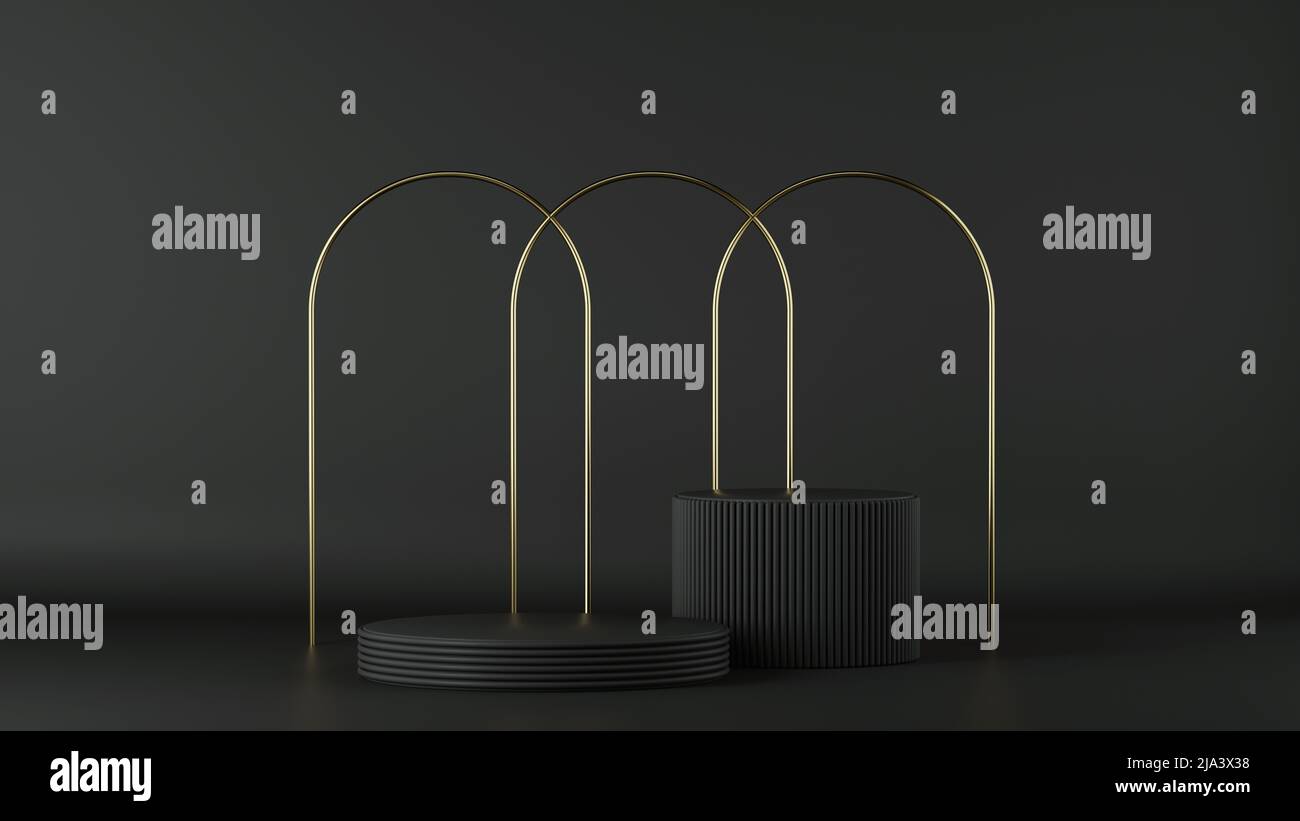 3d render, minimalist black background. Empty cylinder podium, vacant ...