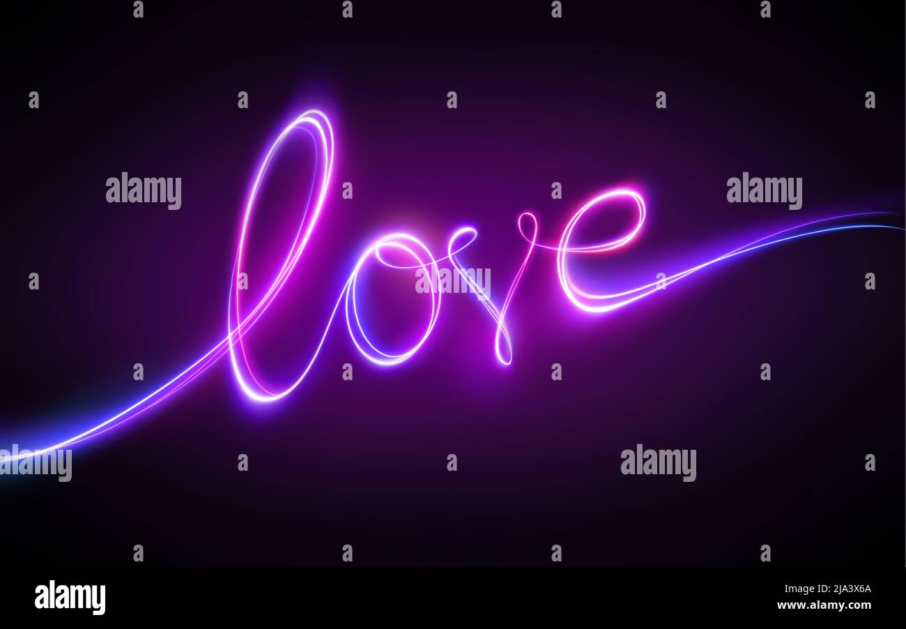 violet neon love lettering isolated on black. Glowing line art, light ...