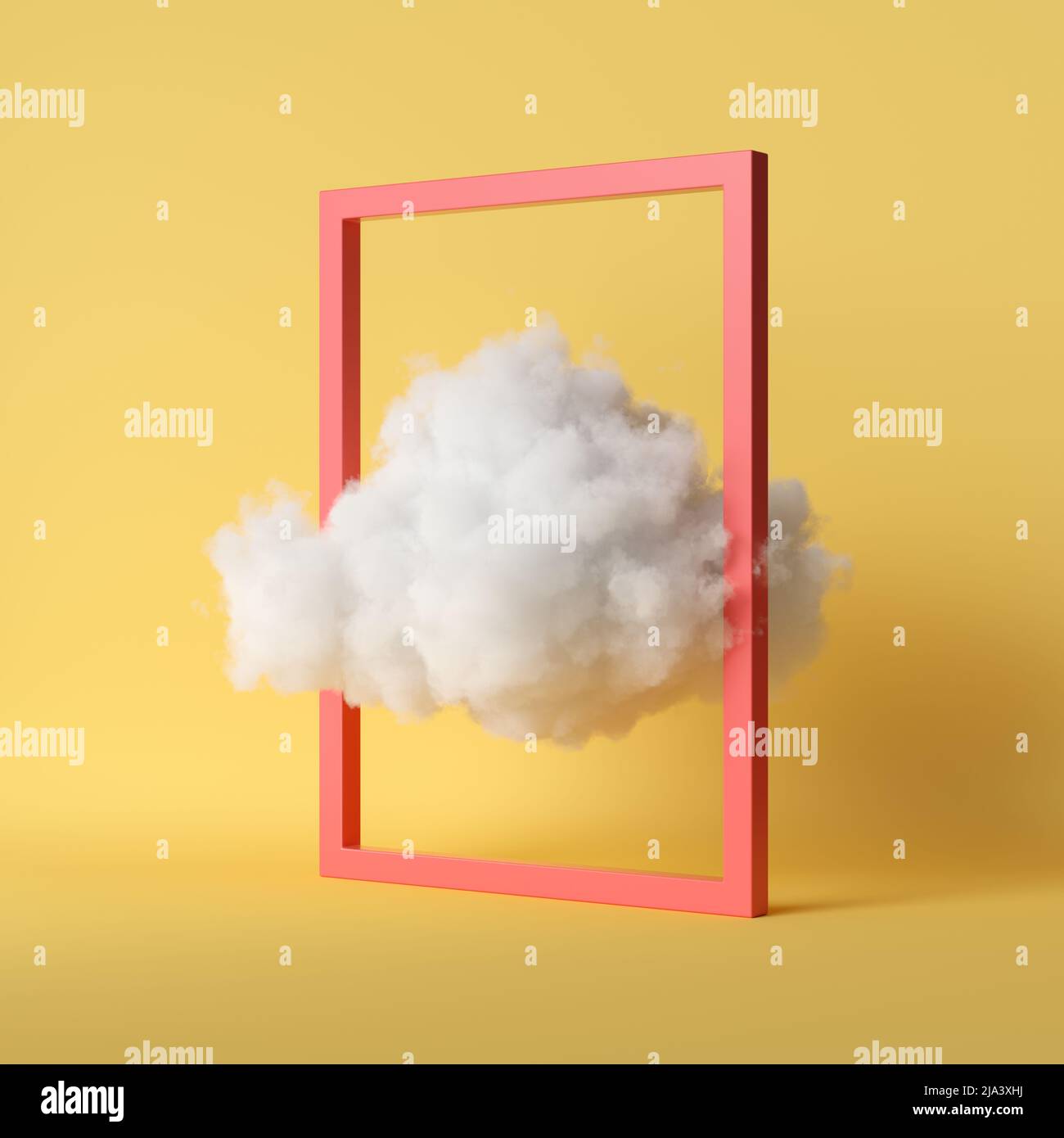 3d render, white fluffy cloud flying through the rectangular red frame ...