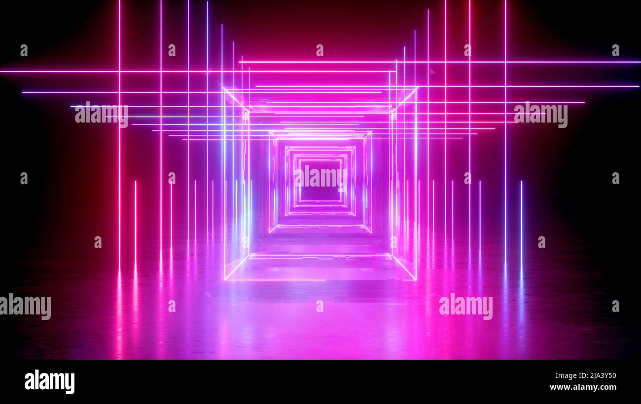 3d render, abstract neon background, square shape, pink glowing lines ...