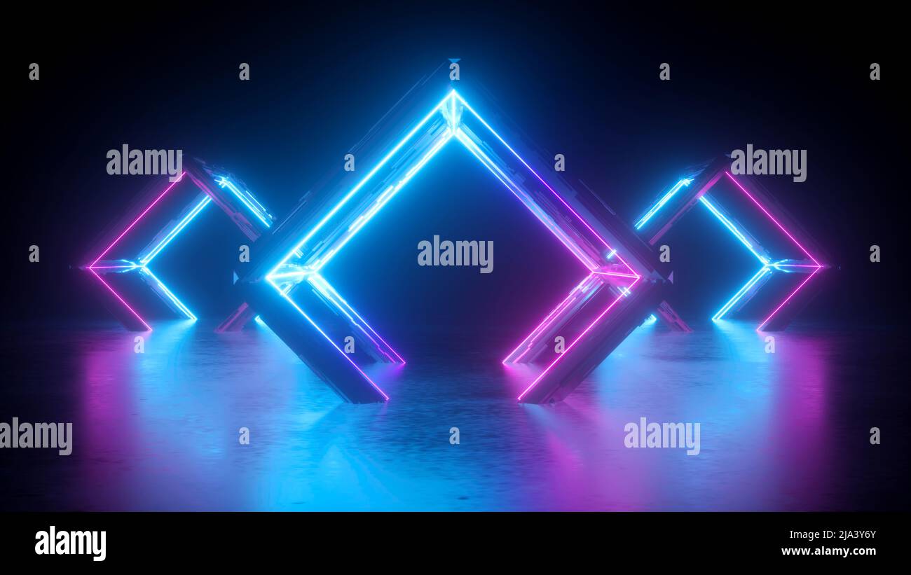 3d abstract neon background, square shapes, rhombus arch, pink blue ...