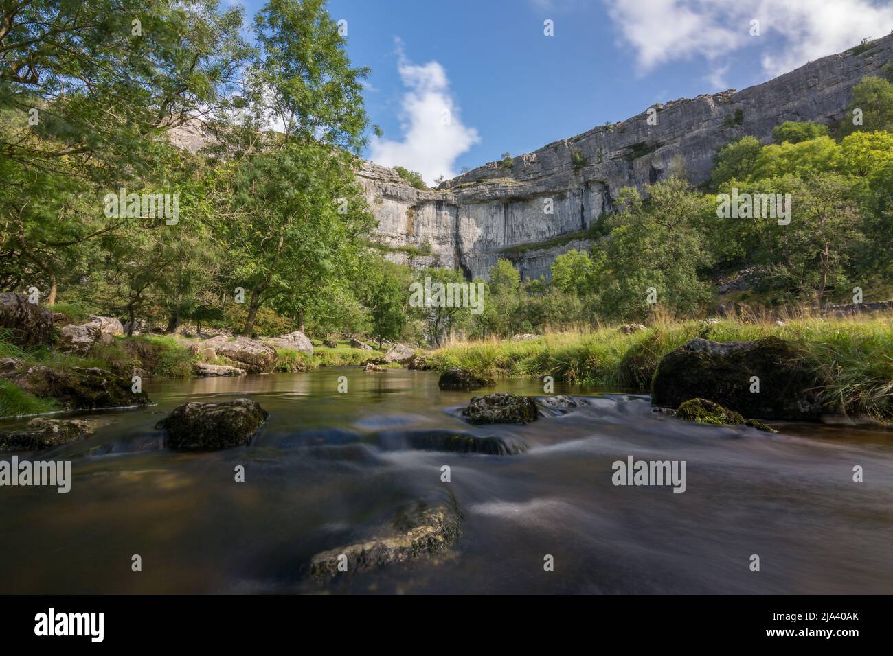 A long exposure from the centre of Malham Cove stream, looking towards ...