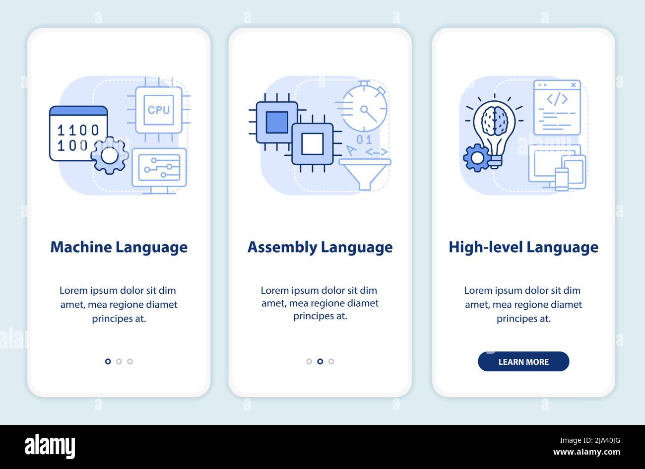 Types of computer languages light blue onboarding mobile app screen Stock Vector Image & Art - Alamy