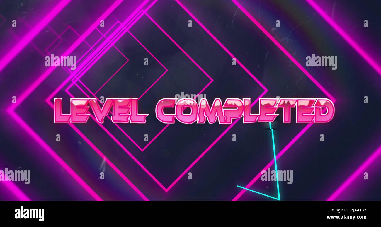 Image of pink neon geometrical shapes over level completed text Stock ...