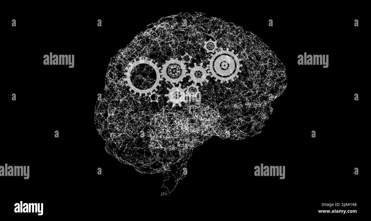 Image of brain rotating over black background with gears Stock Photo ...