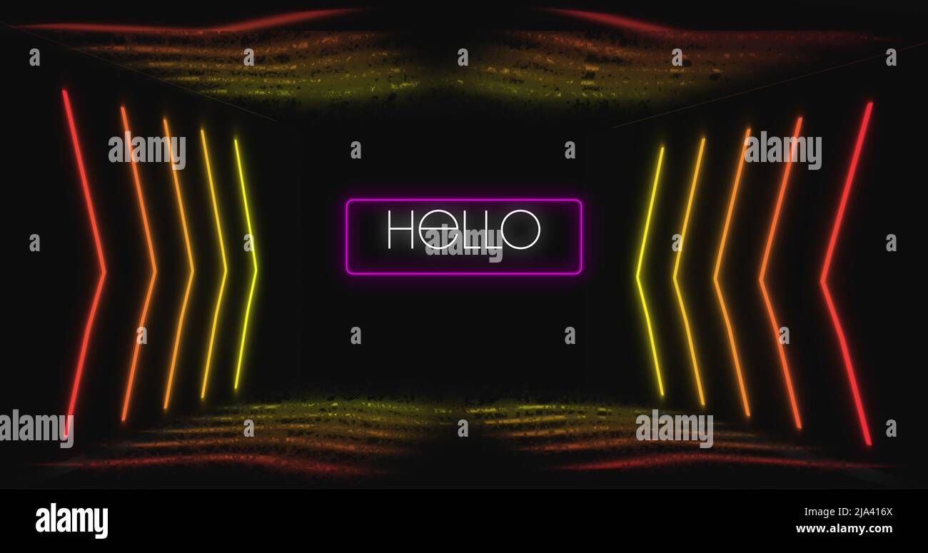 Image of hello over neon lights on black background Stock Photo - Alamy
