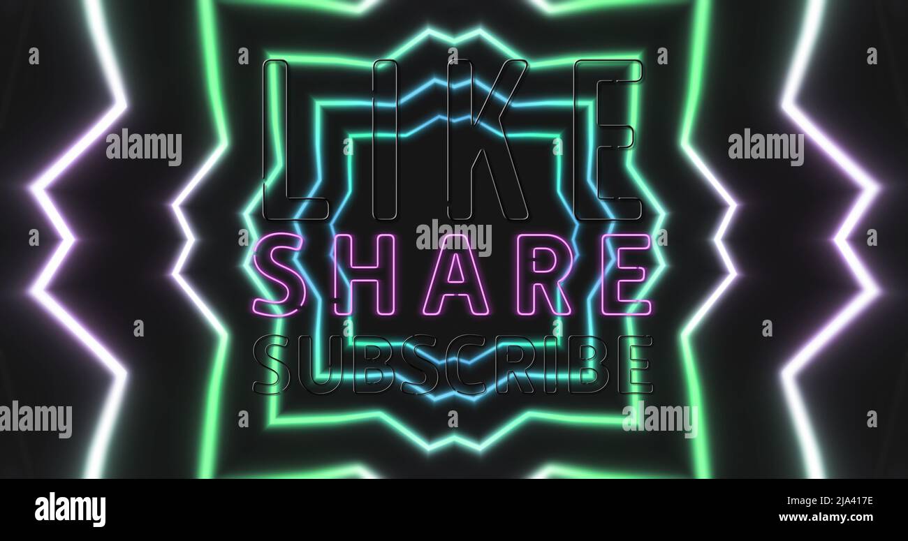 Image of like, share, subscribe over neon lights on black background ...