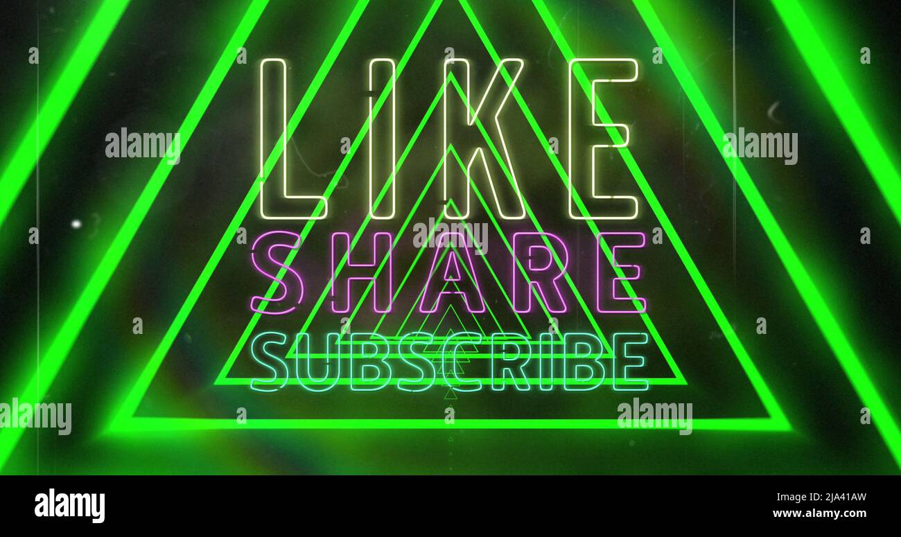 Image of like, share, subscribe and neon triangles on black background ...