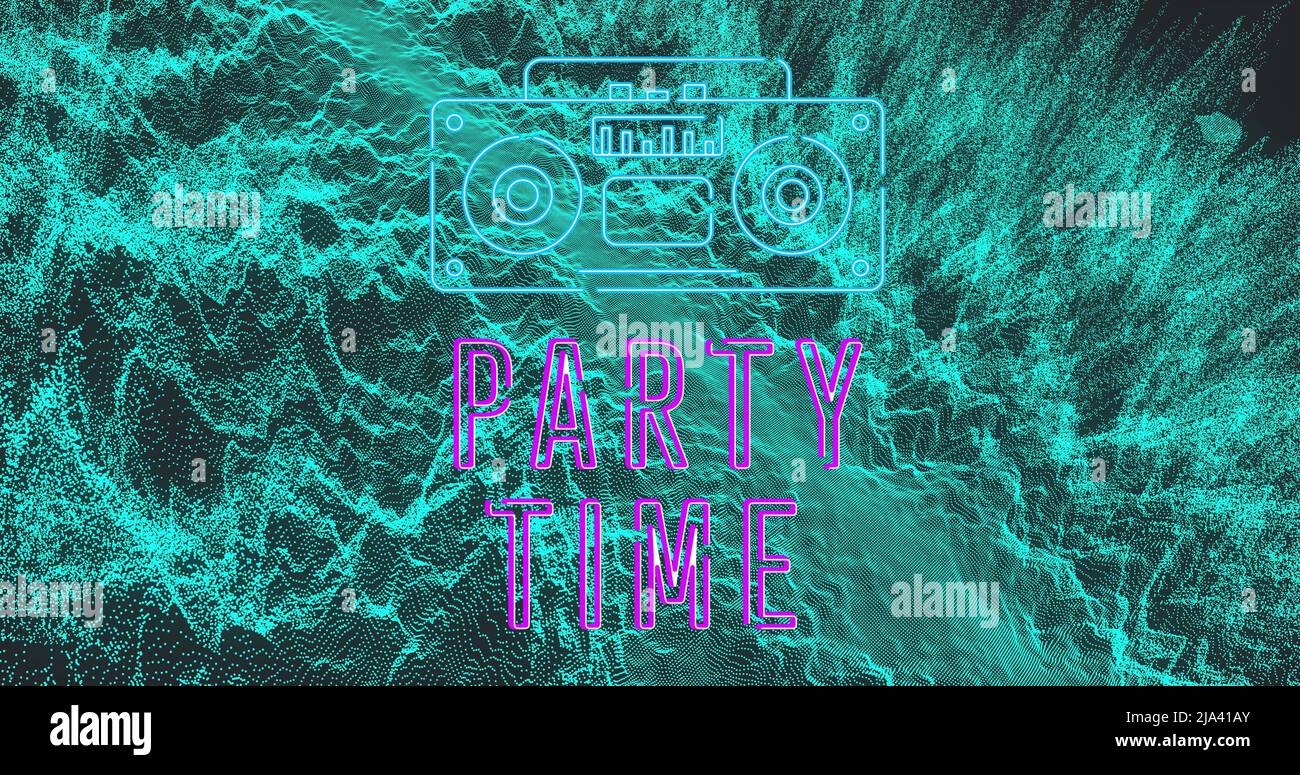 Image of party time and radio over green waves on black background ...