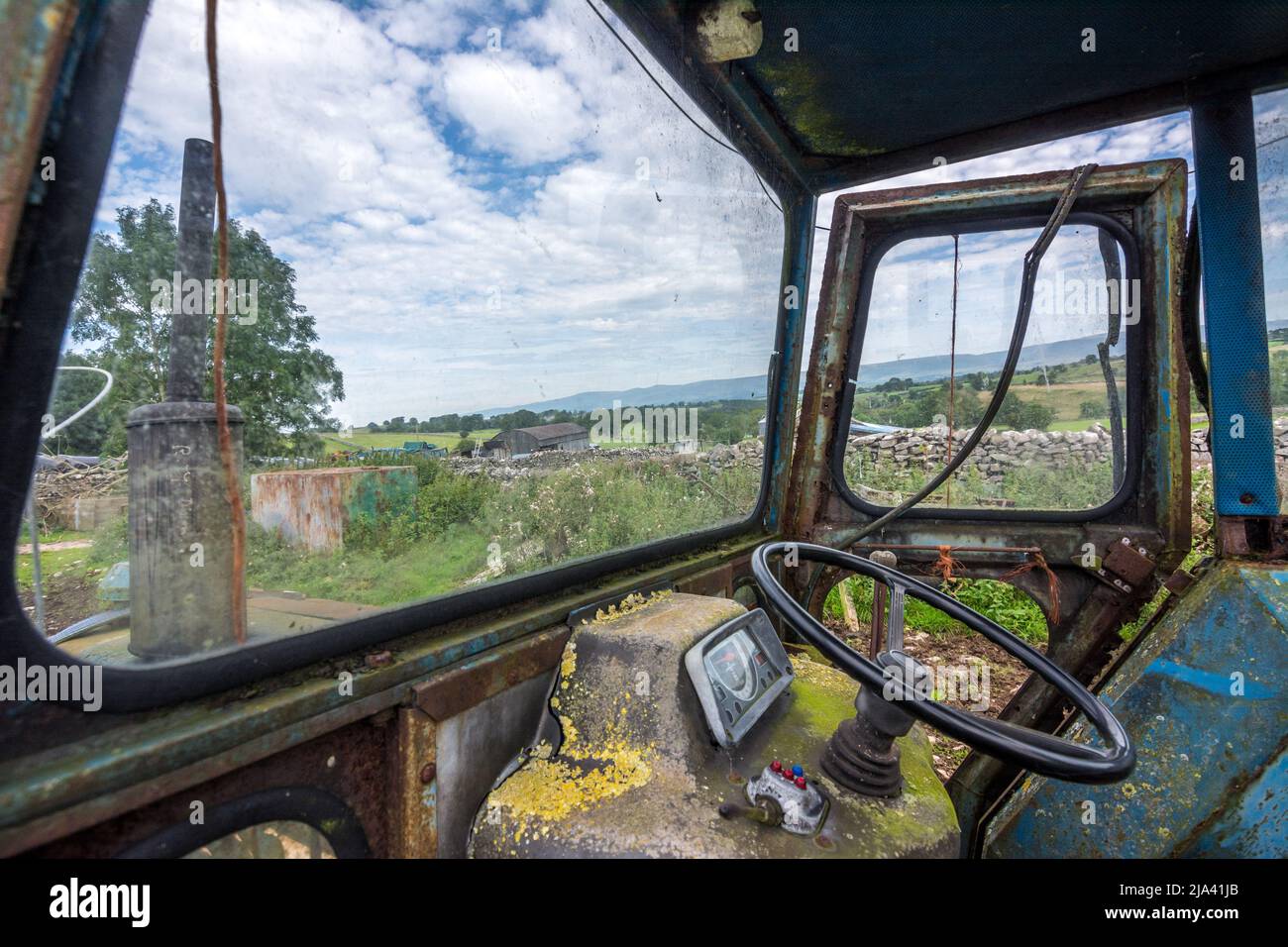 View inside the cab of an old farm tractor photographed near Appleby ...