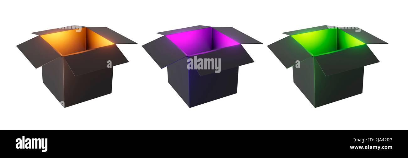 Set three opened magic boxes dark light from inside. 3d render, 3d ...