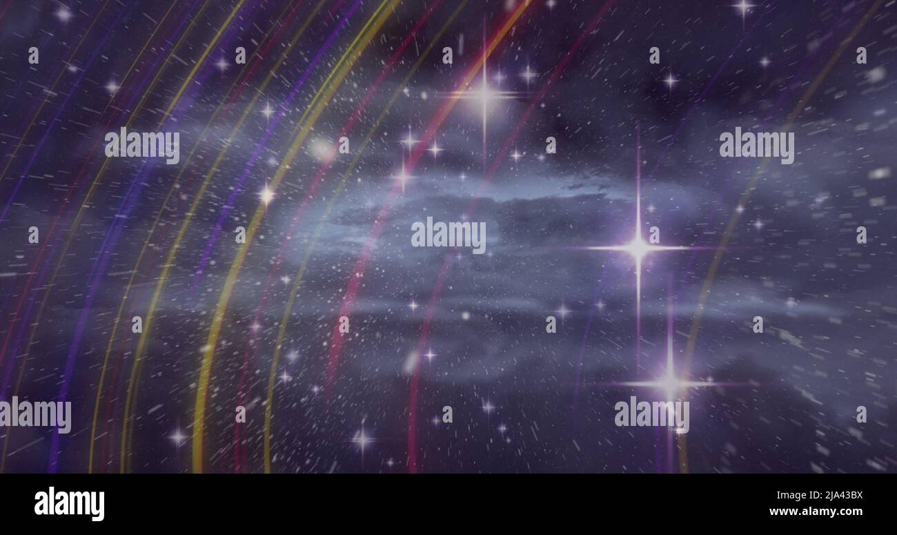 Image of stars and clouds over background with colorful moving lines ...